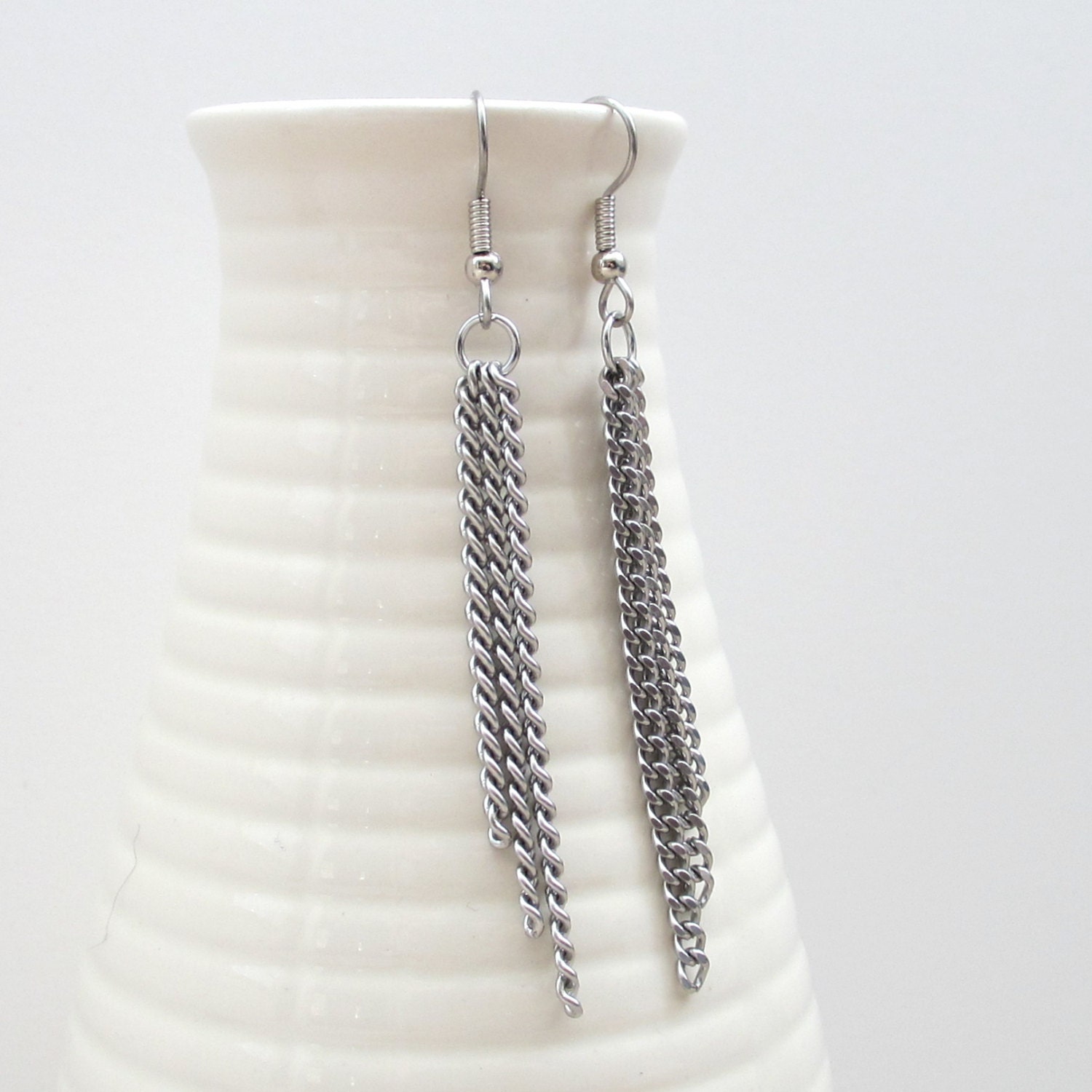 Stainless Steel Three Chain Earrings Dangle Earrings Curb - Etsy