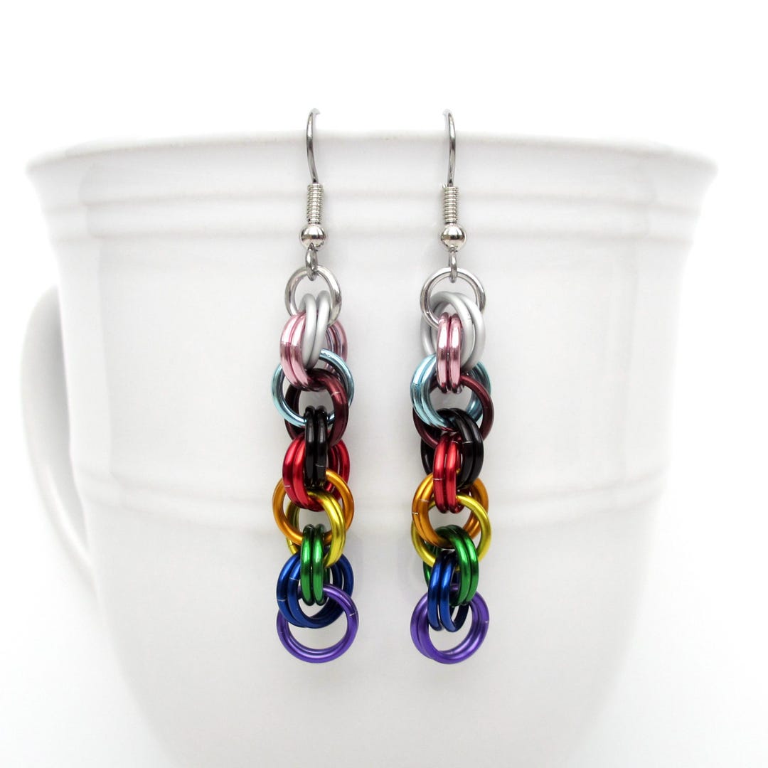 Progress Pride Flag Earrings, Chainmail Double Spiral Weave LGBTQ+ ...