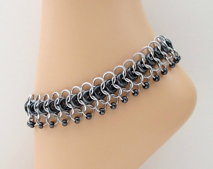 Chainmaille Anklet, Hematite Gray Ankle Chain for Women, Glass ...