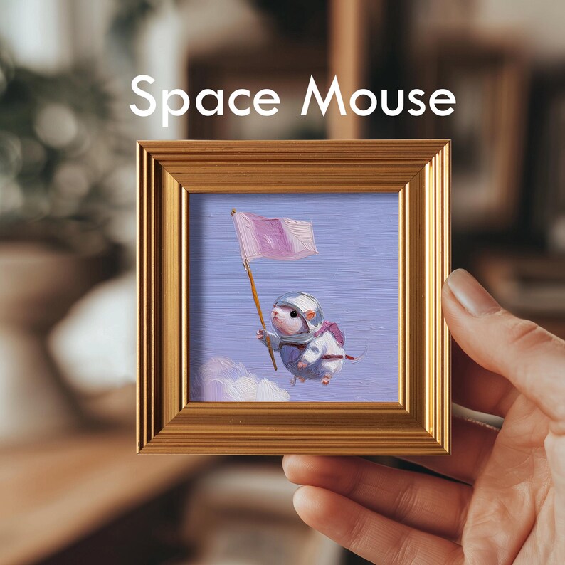 Space Mouse Original Oil Painting, Mini Framed Wall Art, Hand Painted ...