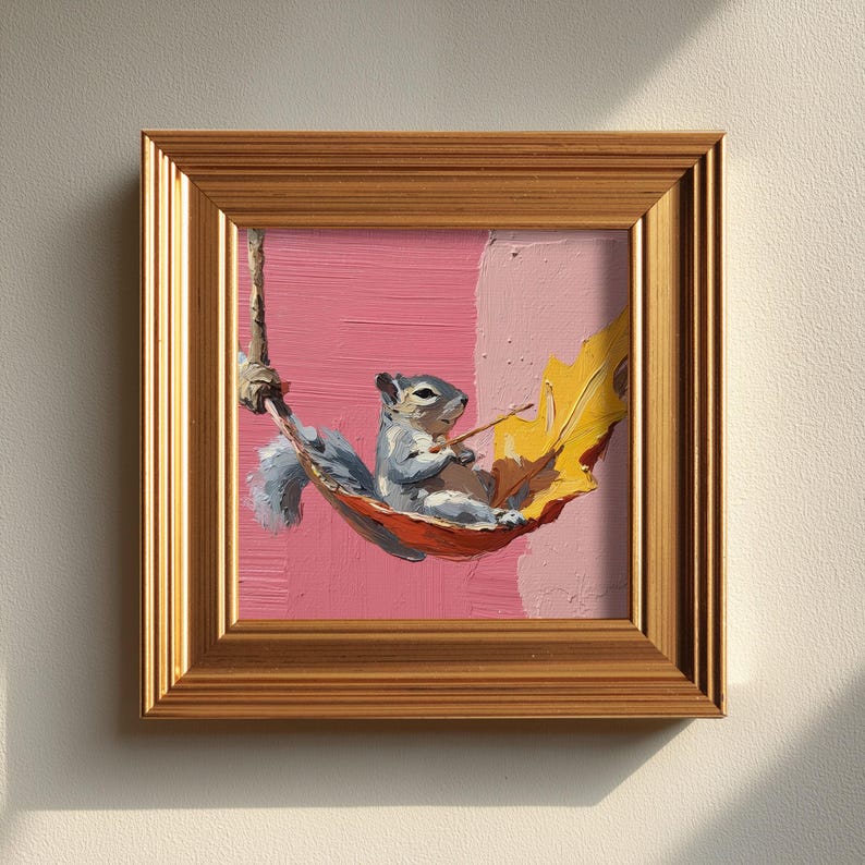 Mini Relax Squirrel Oil Painting, Woodland Animal Wall Art, Original ...