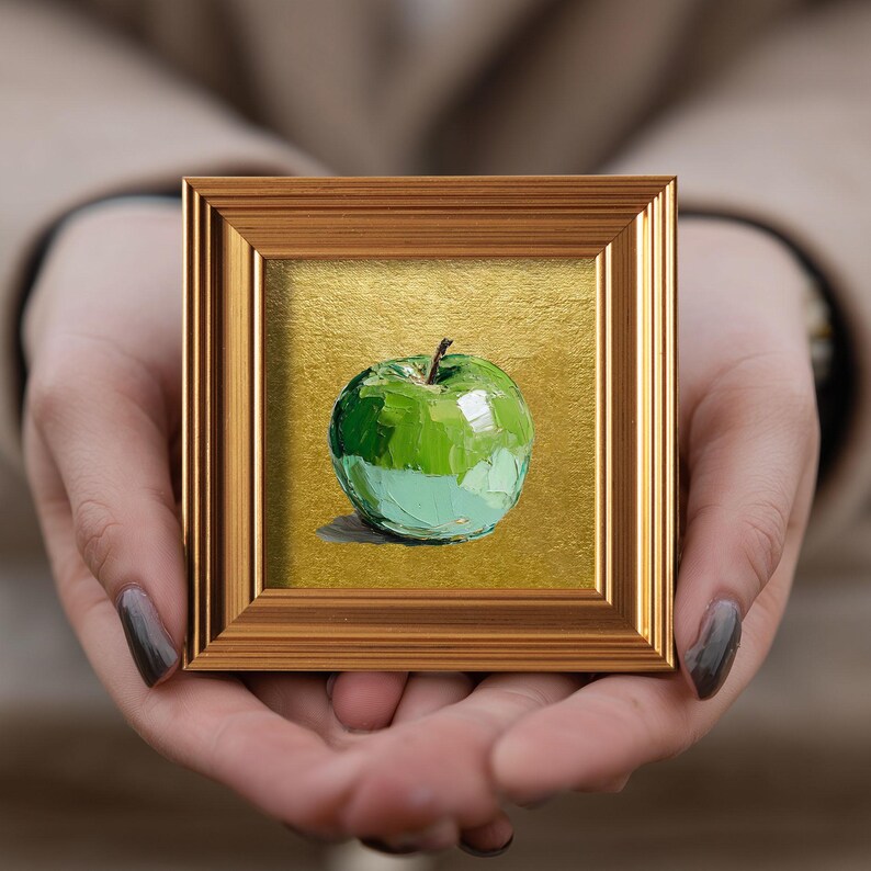 Green Apple Still Life Oil Painting, Original Hand Painted Mini Art ...
