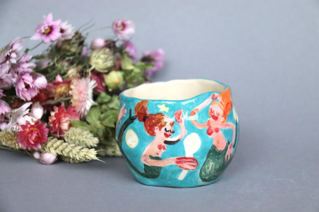 Ceramic Fearies Mermaids Fish Sea Illustrated Vase Planter Turquoise ...