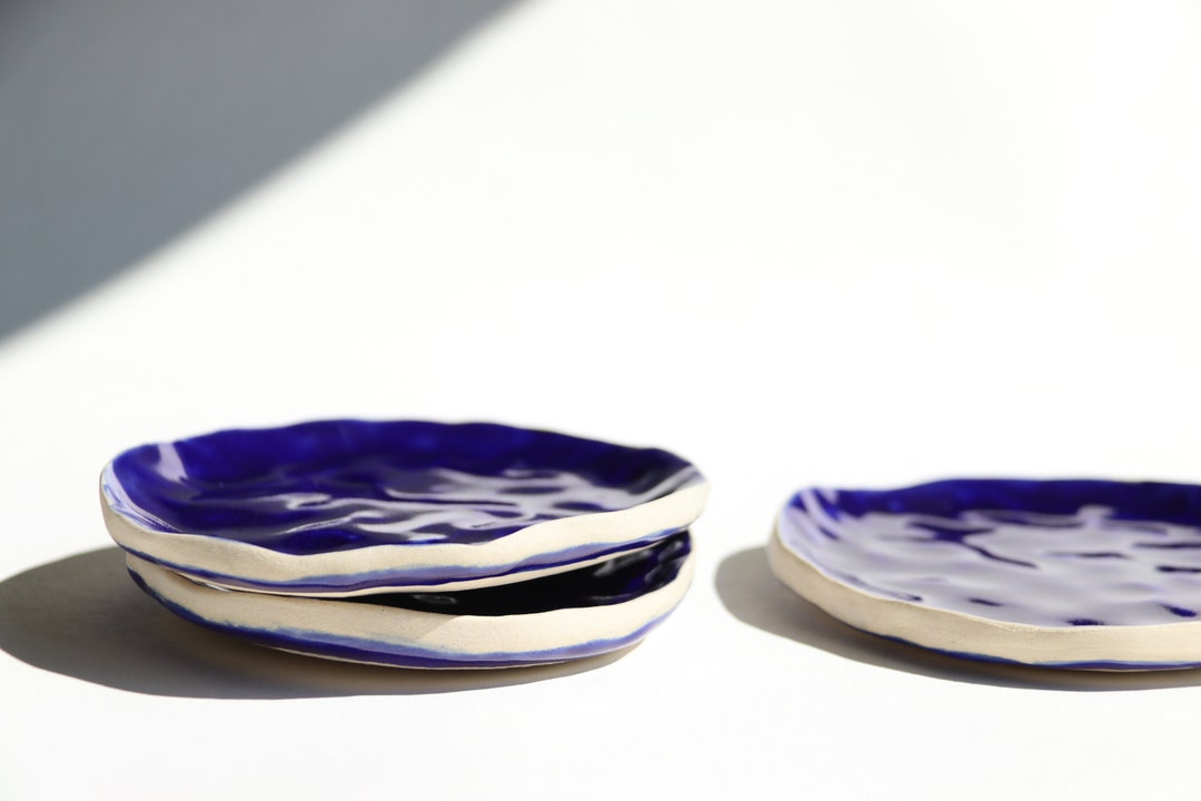 Handmade Blue Glaze Ceramic Plate Set: Wonky Stoneware Plates, Set of 3 ...