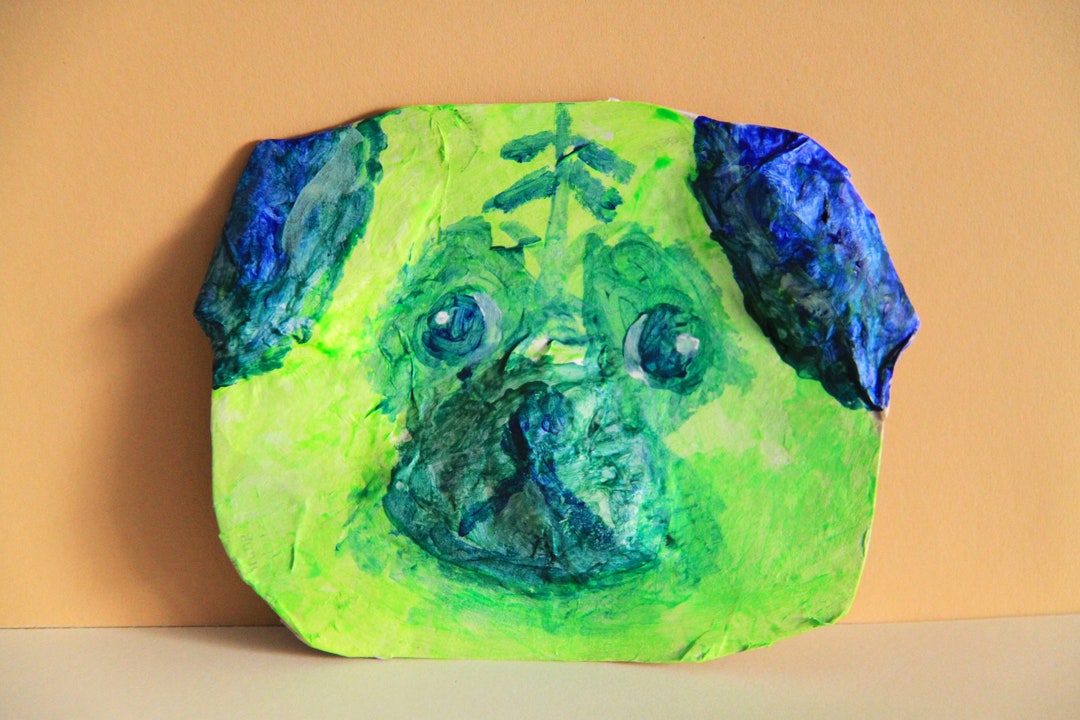 Paper Mache Pug Neon Green and Blue, Wall Hanging Cute Dog Art Painting ...