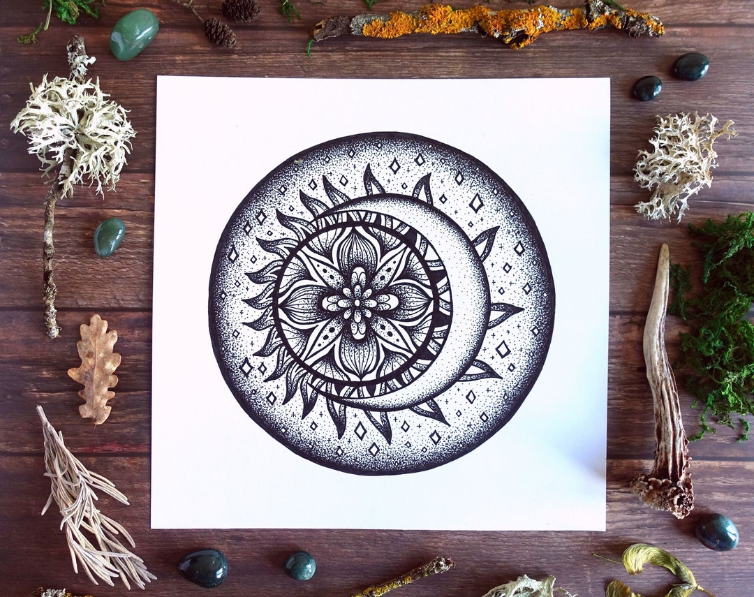 Sun and Moon Ink Drawing on Paper - 21 X 21 Cm - 8.27 X 8.27 Inches - Etsy