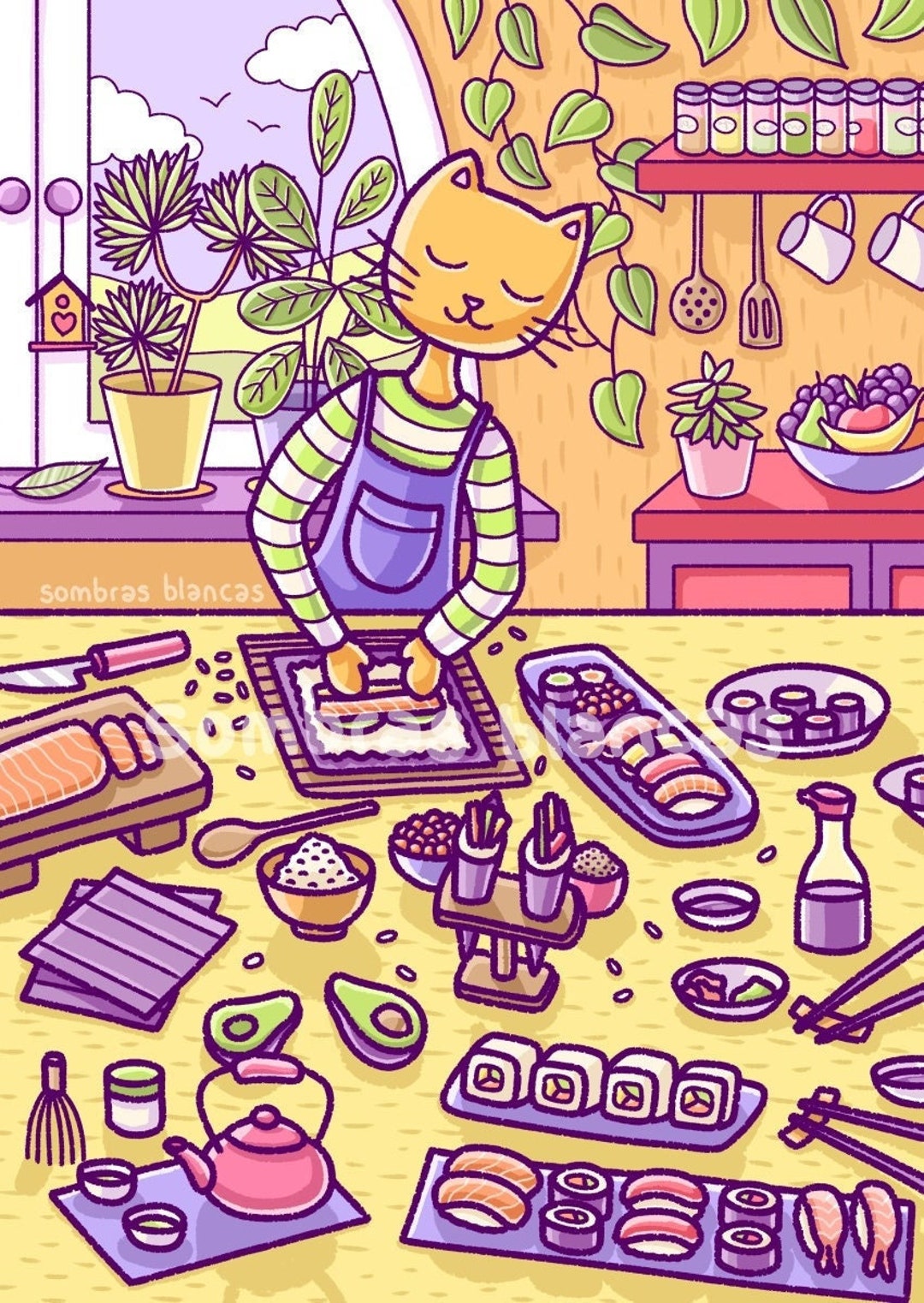 Sushi Cat Art Print, Hygge Poster, 8x10 Print, Kitchen Illustration ...