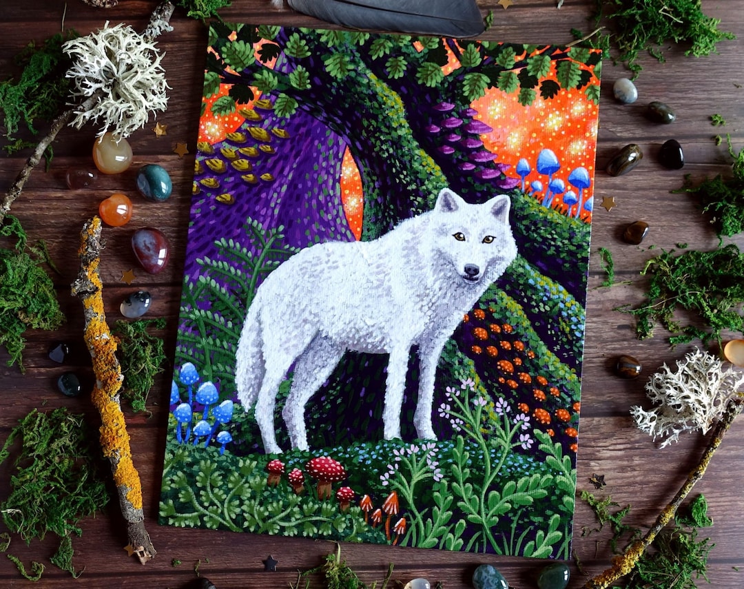 White Wolf Painting on Canvas Board - Forest Guardian VI - 19 X 24 Cm ...