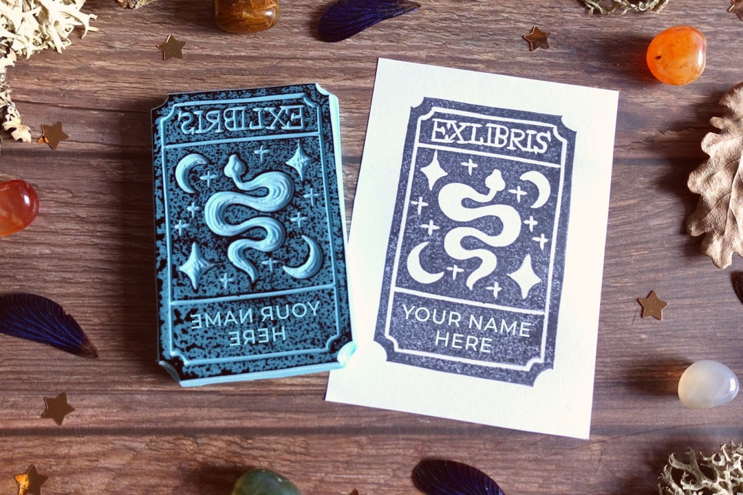 Custom Ex Libris Stamp - Snake, Moons and Stars - Hand Carved Rubber ...