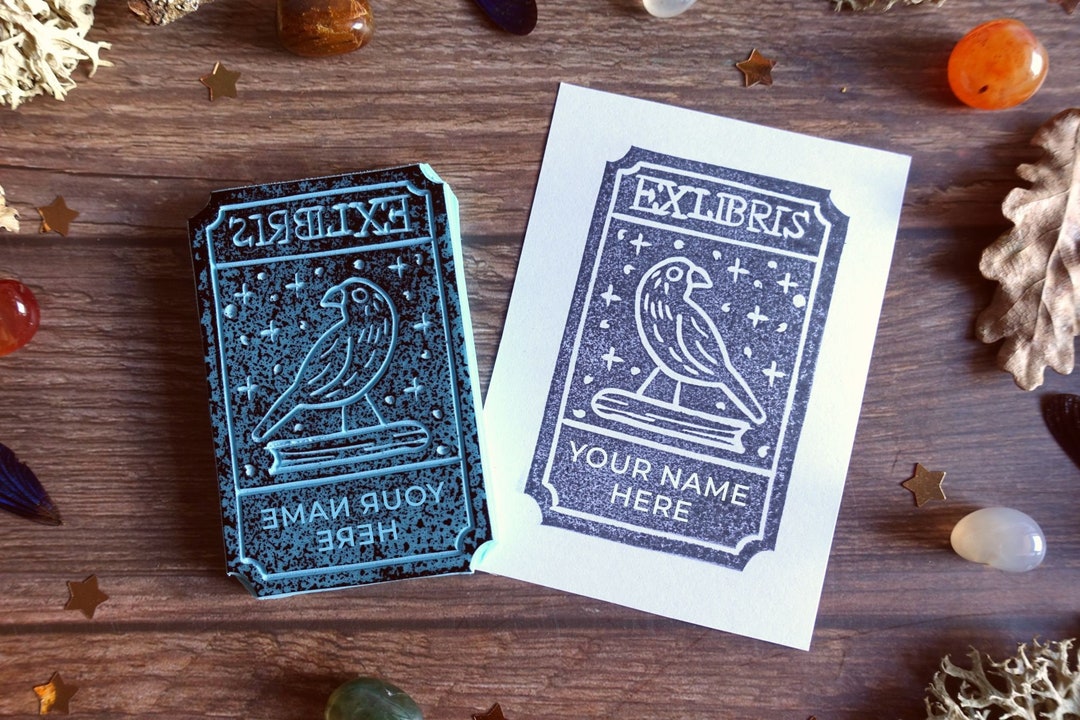 Custom Ex Libris Stamp - Crow and Book - Hand Carved Rubber Stamp ...