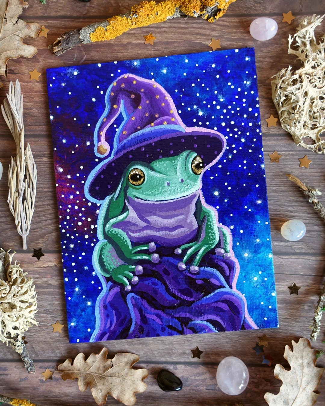 Wizard Frog Painting on Canvas Board - the Pond Guardian - 16 X 12 Cm ...