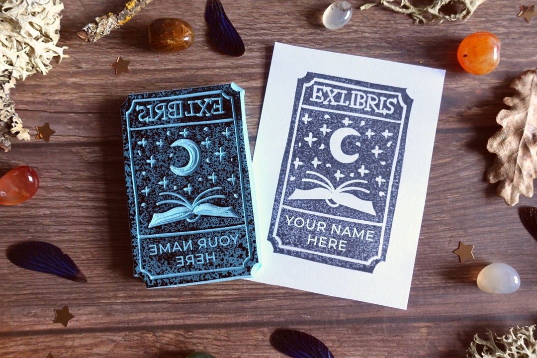 Custom Ex Libris Stamp - Moon and Book - Hand Carved Rubber Stamp - Custom Bookplate Stamp ...