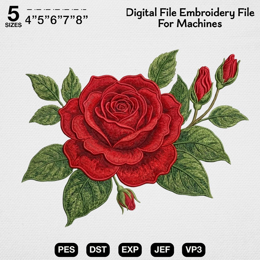 Red Rose Machine Embroidery Design, Realistic Floral Digital File ...