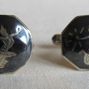 Vintage 60's Siam Sterling Silver Thai Dancer Octagonal Cufflinks Cuff Links Niello Classic 925 ...