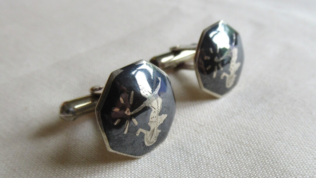 Vintage 60's Siam Sterling Silver Thai Dancer Octagonal Cufflinks Cuff Links Niello Classic 925 ...