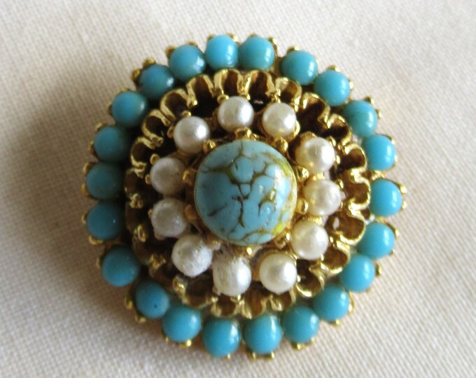 Vintage 60's Turquoise Glass Stones and Faux Pearl Round Brooch Pin ...