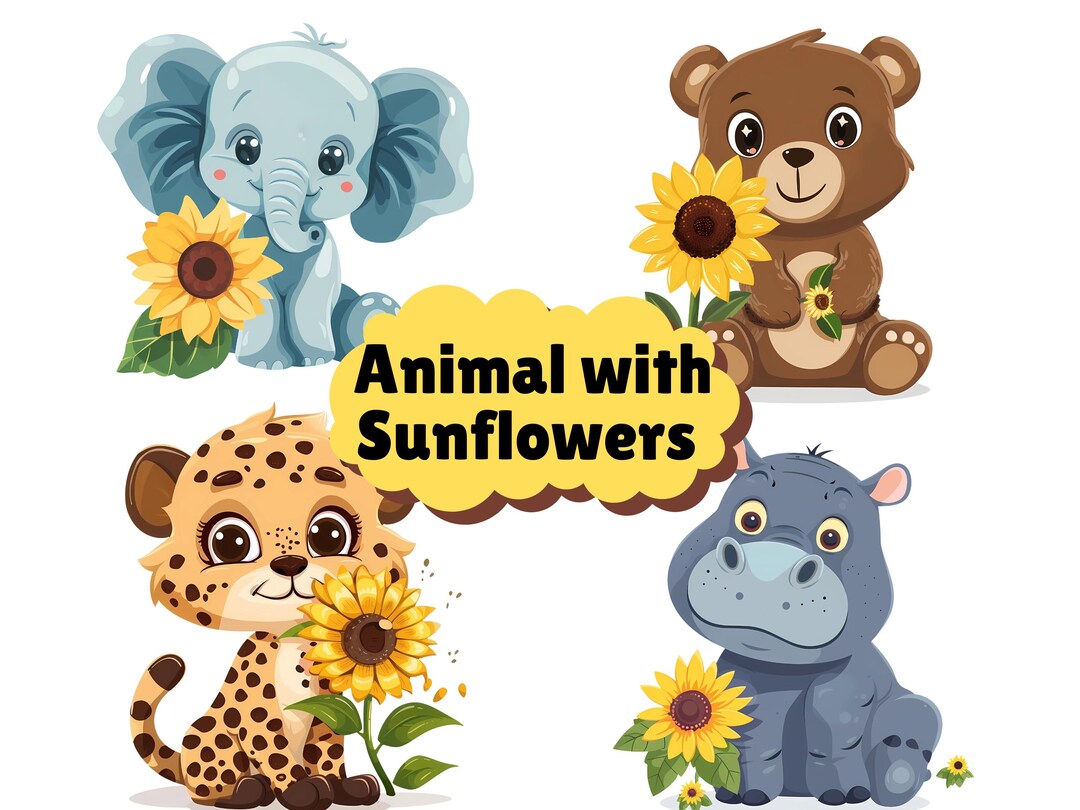 Sunflower Animals Digital Stickers, Sunflower PNG, Cute Kids Animals ...