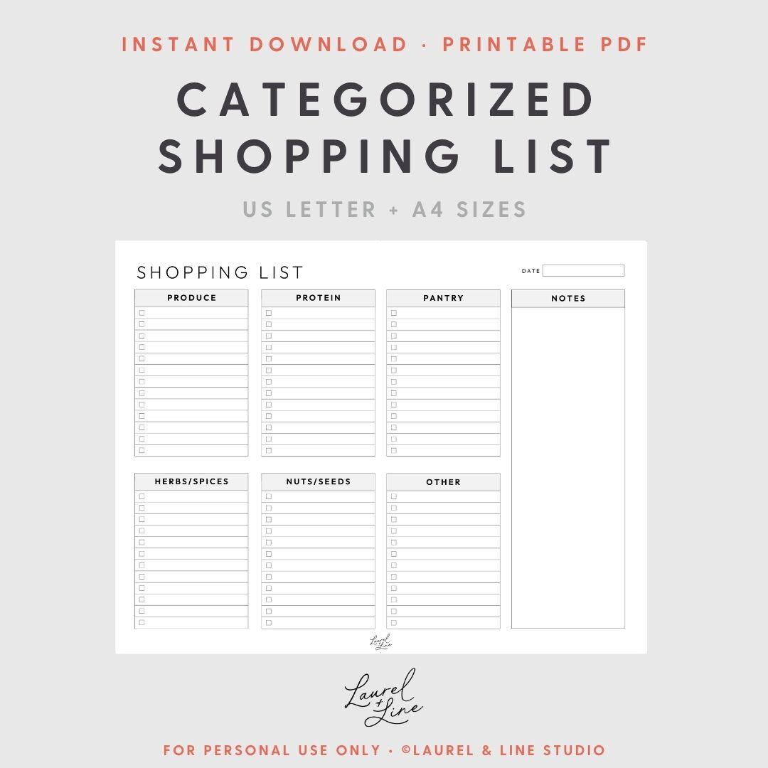 Categorized Shopping List Printable | Grocery List | A4 and US Letter ...