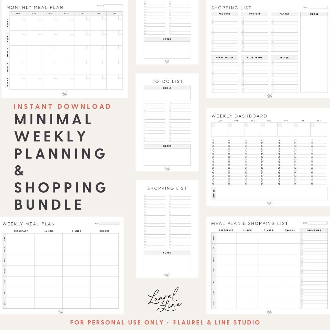 Minimal Weekly Planner Bundle | Meal Plan + Shopping List Printable ...