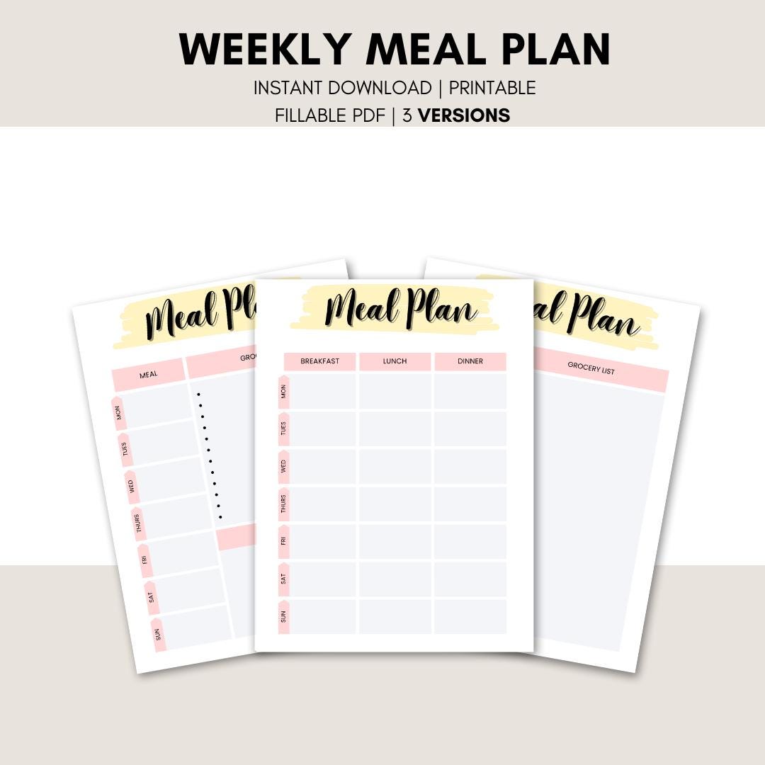 Weekly Meal Plan Printable| Digital & Fillable Pdf|meal Planning ...