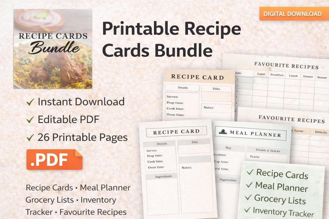 Printable Recipe Card Bundle | Kitchen Planner, Grocery List (PDF ...