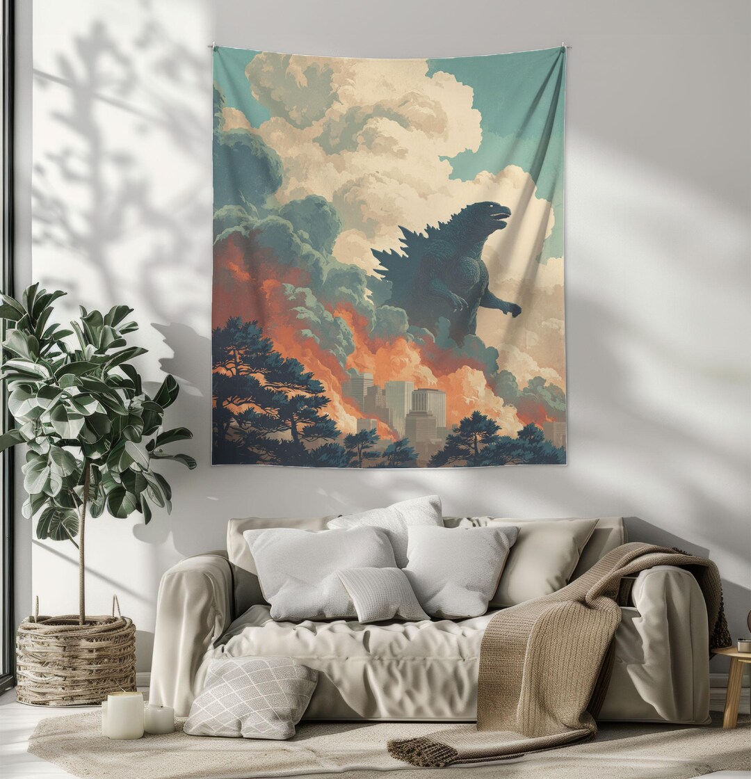 Retro Godzilla Tapestry Wall Hanging, Epic Kaiju Monster Wall Art ...