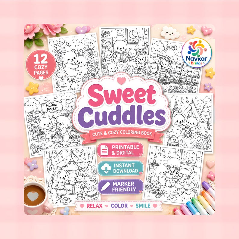 Sweet Cuddles Coloring Book, Kawaii Animals, Cozy Relaxing Art (digital ...
