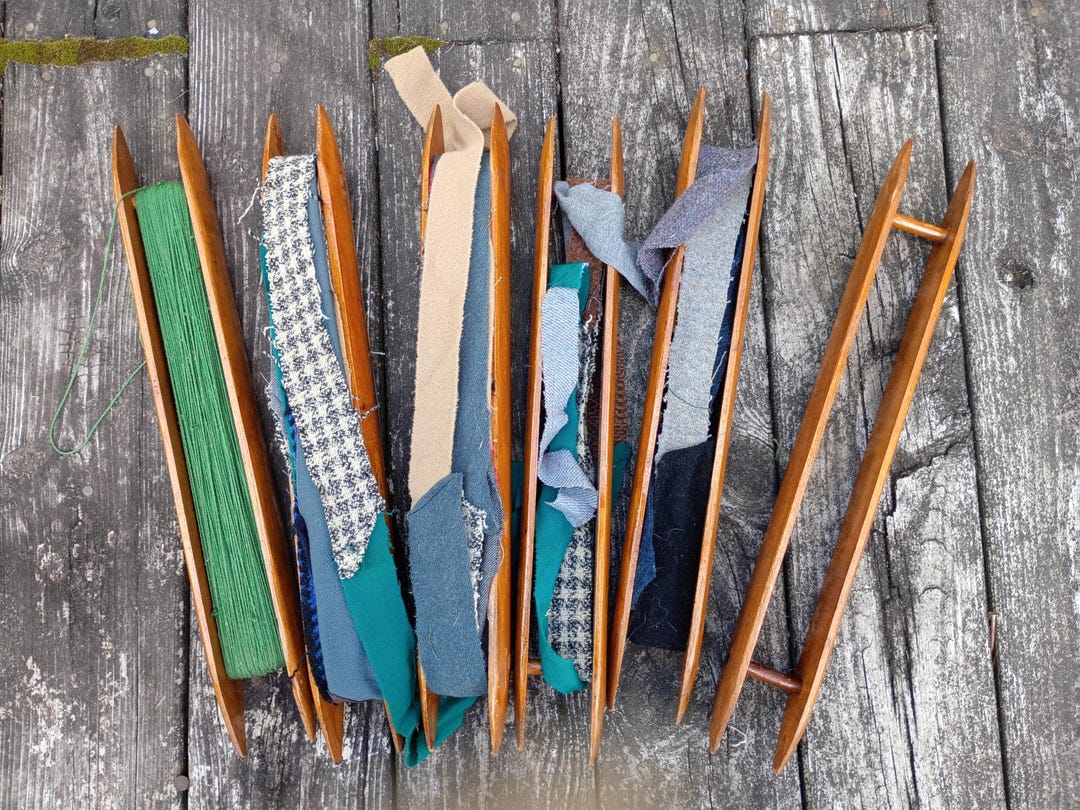 Wood Shuttles 17 1/2" Long With Vintage Fabric Strips - Etsy