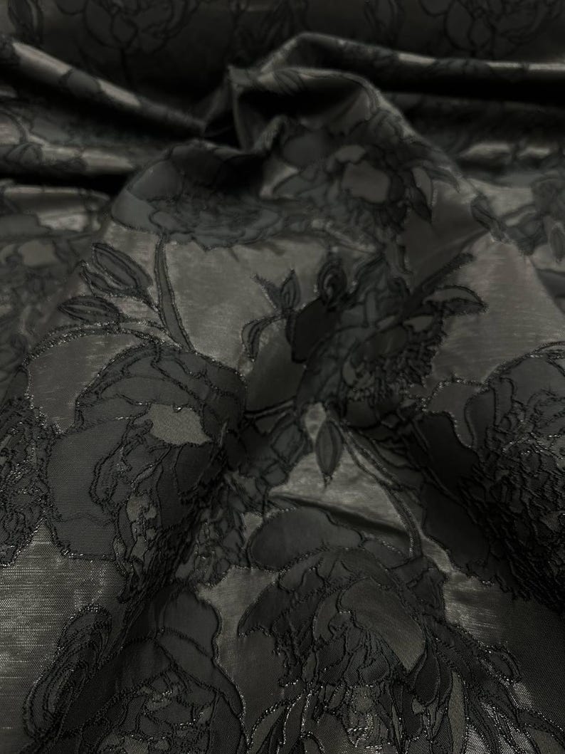 Black Brocade Fabric – Luxury Floral Jacquard Textile – Elegant Couture ...
