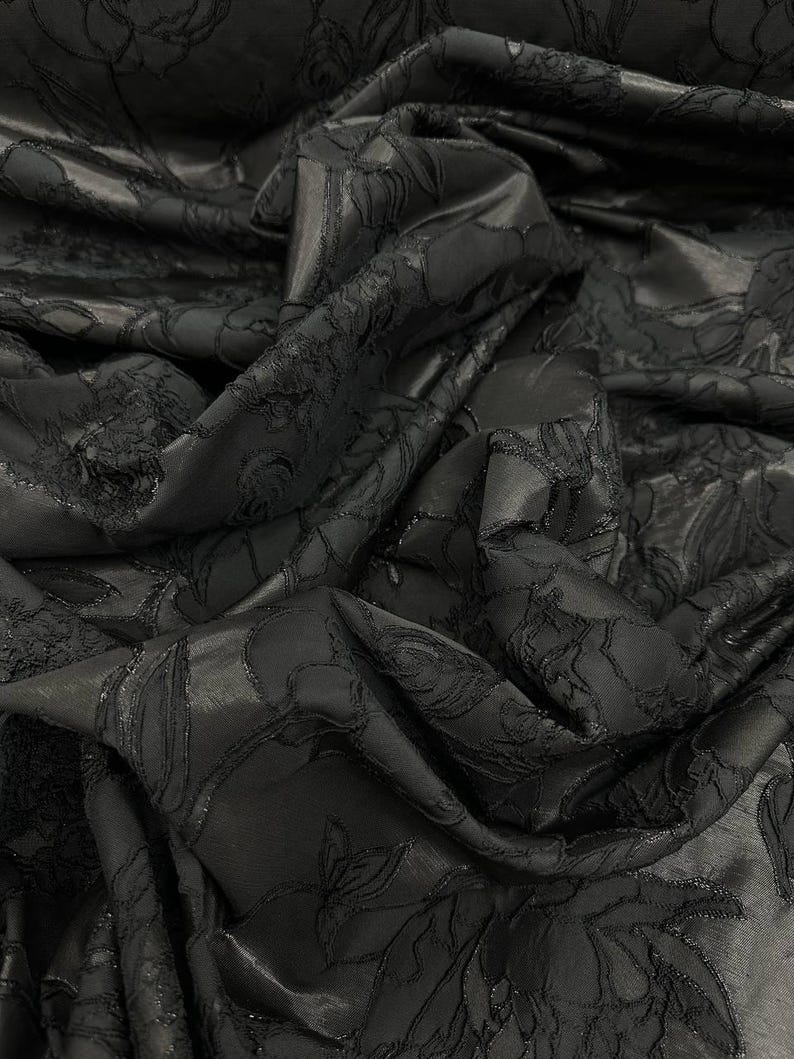 Black Brocade Fabric – Luxury Floral Jacquard Textile – Elegant Couture ...