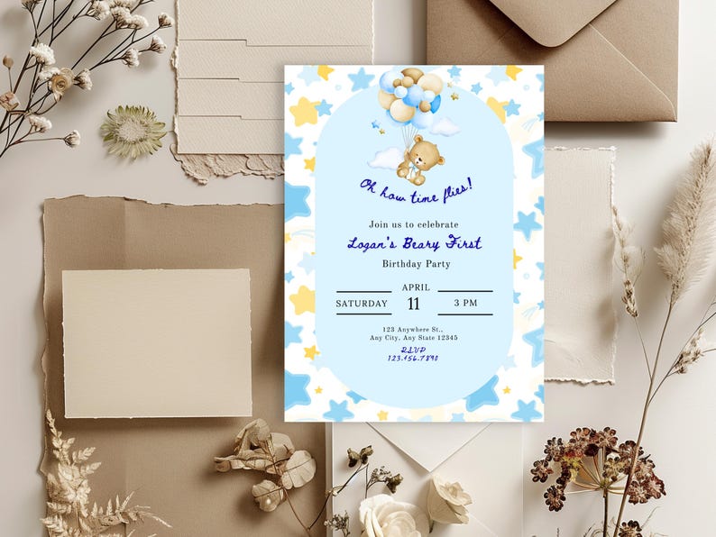 Oh How Time Flies Birthday Invitation, Teddy Bear First Birthday Invite ...