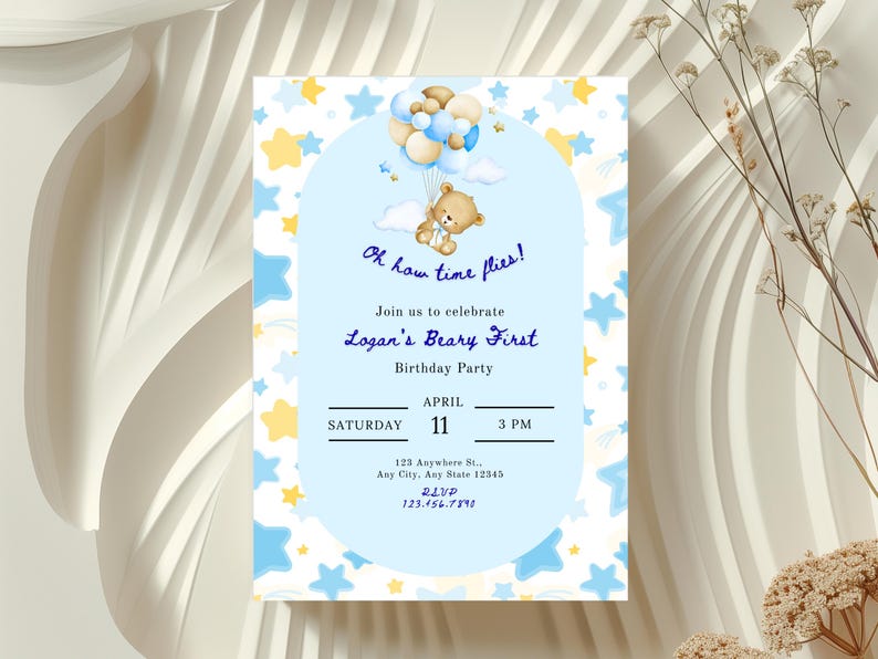 Oh How Time Flies Birthday Invitation, Teddy Bear First Birthday Invite ...