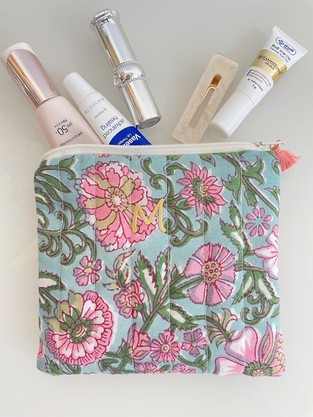 Quilted Makeup Pouch, Handmade Cosmetic Bag, Block Print Floral Zipper ...