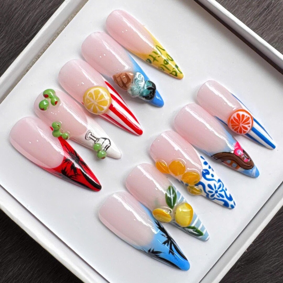 Italian Summer Press on Nails: Mediterranean Tile, Lemon 3D Art - Etsy