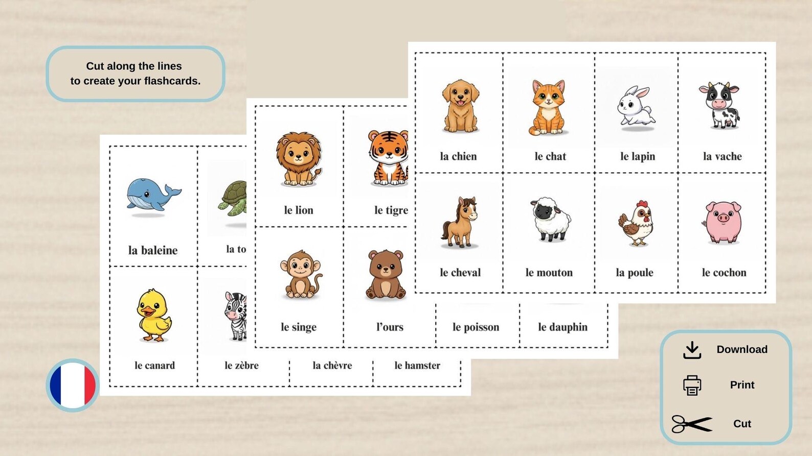 French- Animals- Printable Flashcards- for Kids and Beginners- Learning ...
