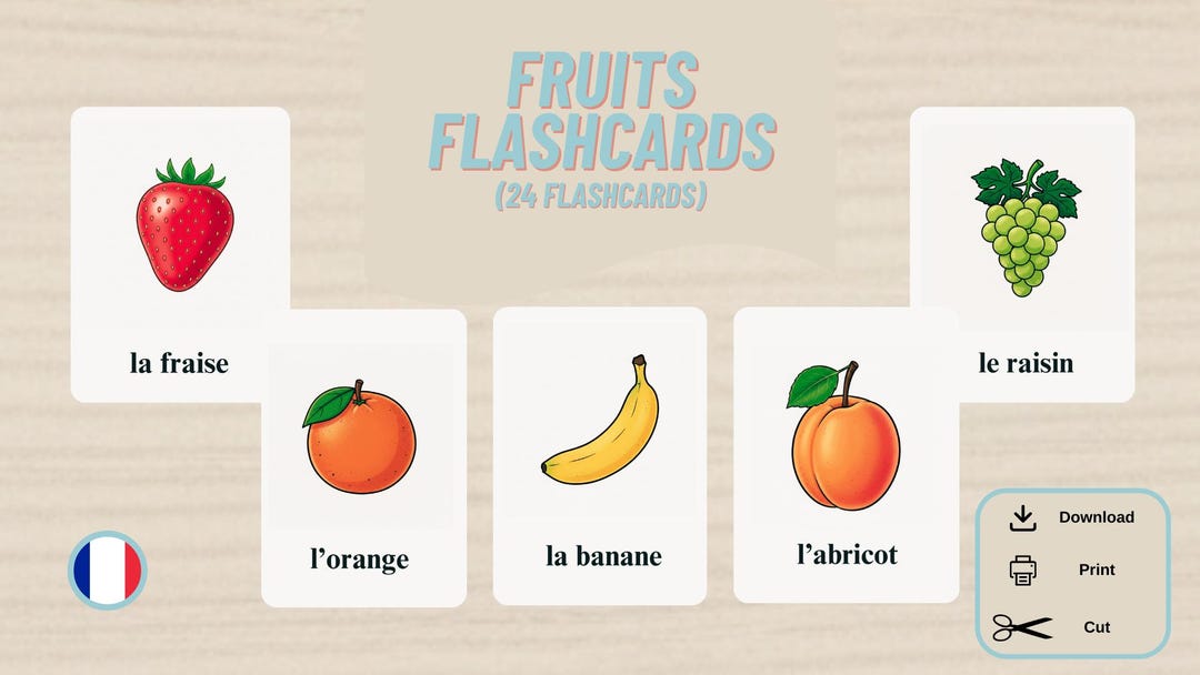 French- Fruits- Printable Flashcards- for Kids and Beginners- Learning ...