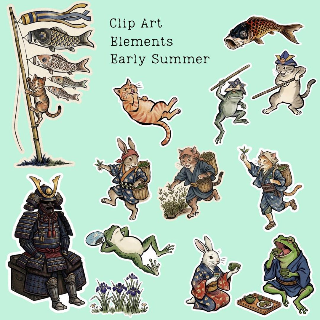 Colorful Japanese Chojugiga Clip Art PNG, Early Summer Cat Frog Samurai ...