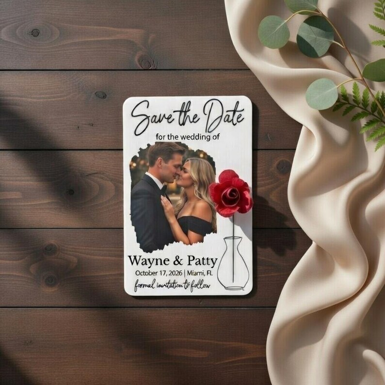 Wedding Save the Date Magnet With Photo and Rose, Personalized Fridge ...