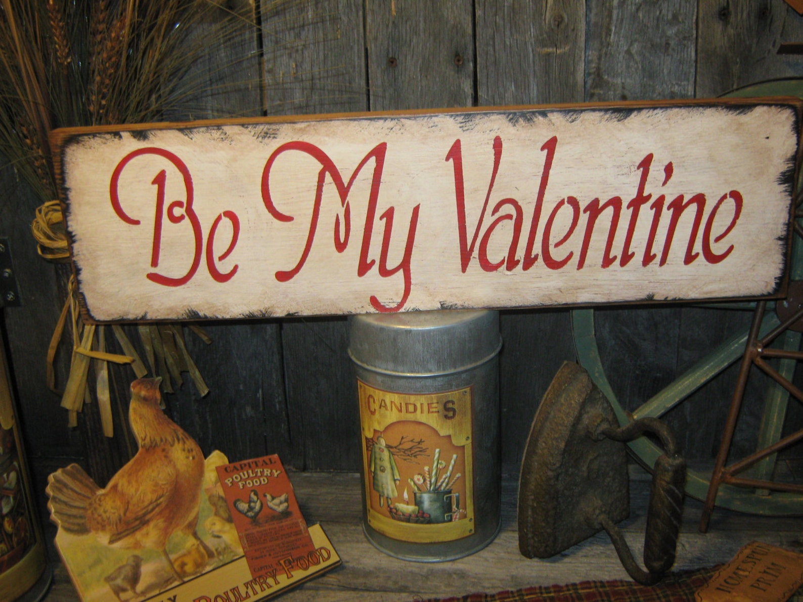 Primitive Love Sign Be My Valentine Wood Wall Decor Holiday Hearts Prim ...