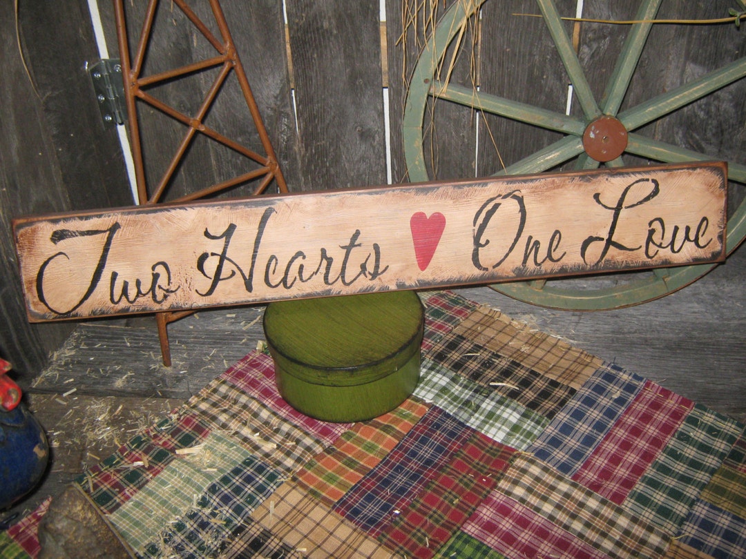 Primitive Large Love Sign Two Hearts One Love Hand Painted Country ...