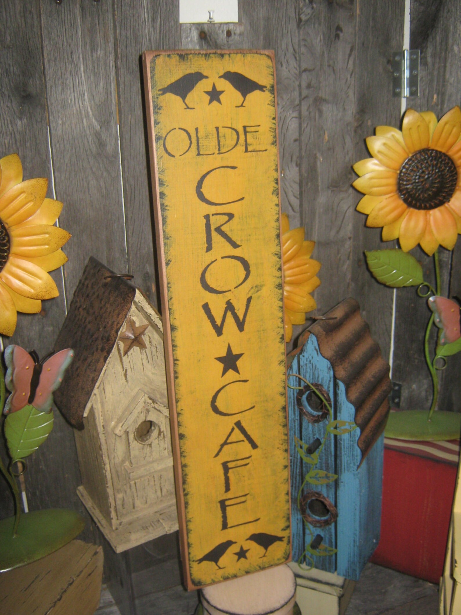Primitive Wood Lg Sign 24 Hand Painted Olde CROW CAFE Seed Sign Country ...