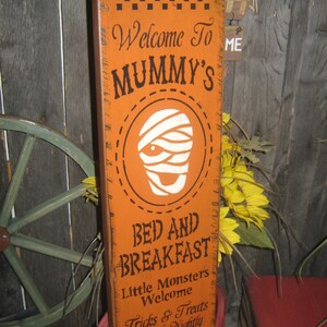 Primitive Large Holiday Wooden Hand Painted Halloween Sign Mummys Bed ...