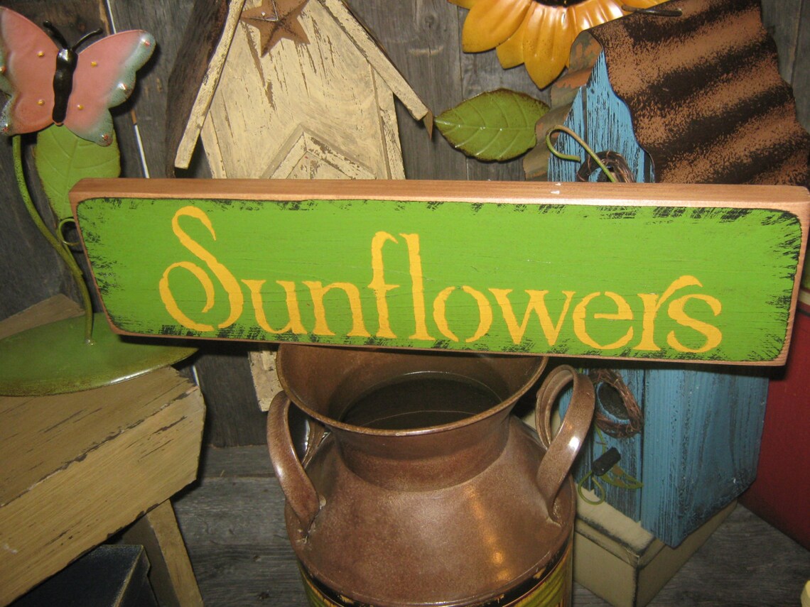 Primitive Wood Med Sign Hand Painted Garden " SUNFLOWERS " Rustic ...
