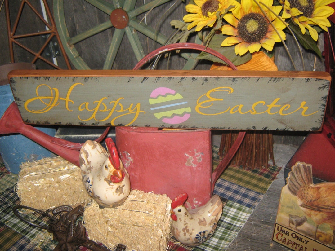 Primitive Wood Sign Easter Holiday Bunny Rabbit " Happy Easter ...