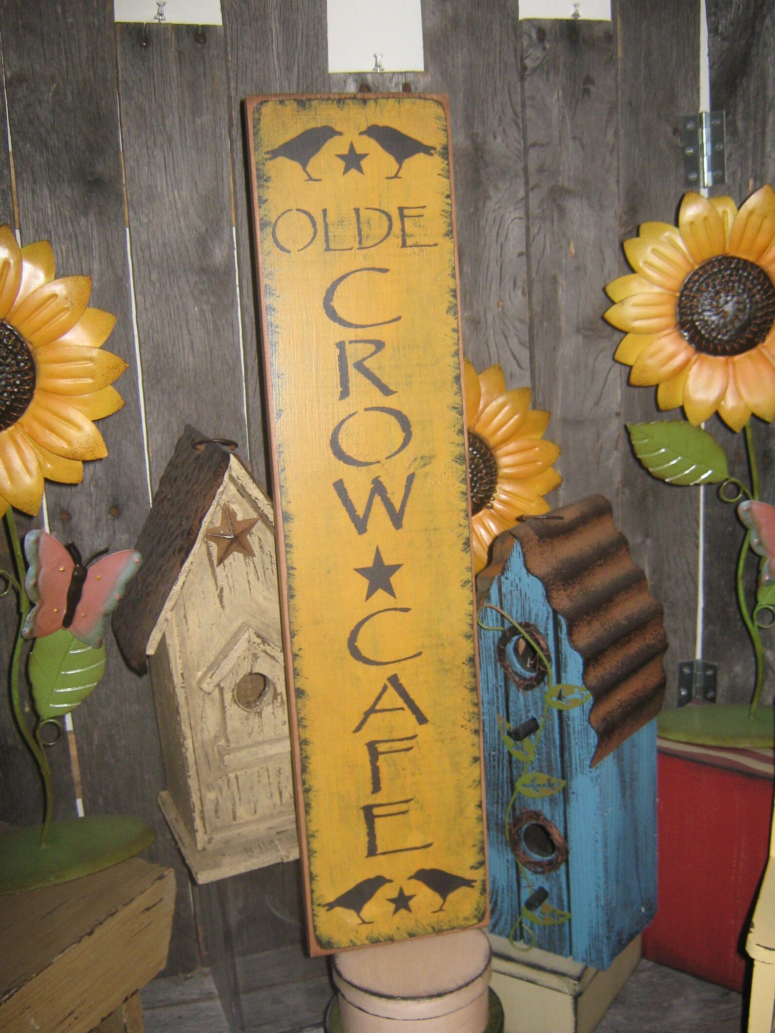 Primitive Wood Lg Sign 24 Hand Painted Olde CROW CAFE Seed Sign Country ...