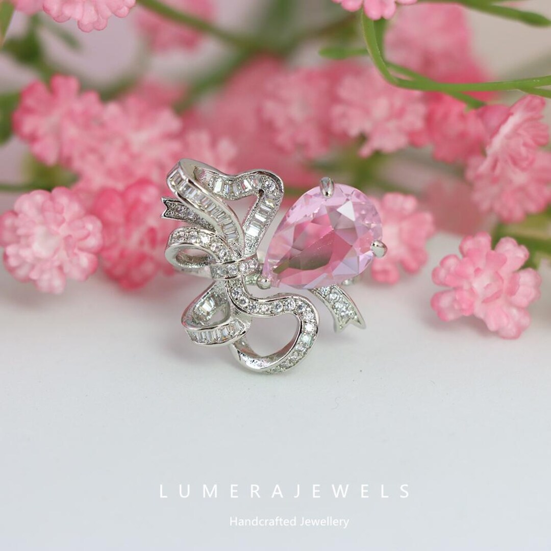 Pink CZ Bow Ring, Sparkling Bow Design Jewelry, Feminine Bow Band ...