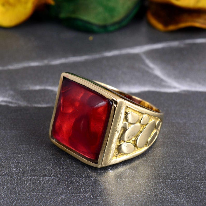 Men's Bold Ruby Red Square Signet Ring - Gold Pebble Textured Artisan ...