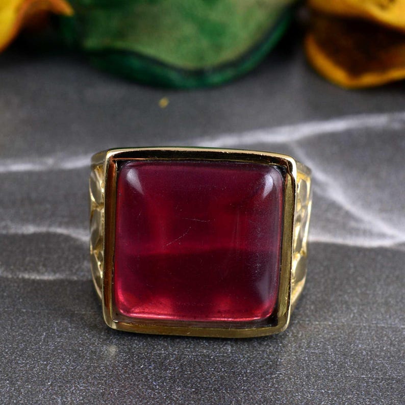 Men's Bold Ruby Red Square Signet Ring - Gold Pebble Textured Artisan ...