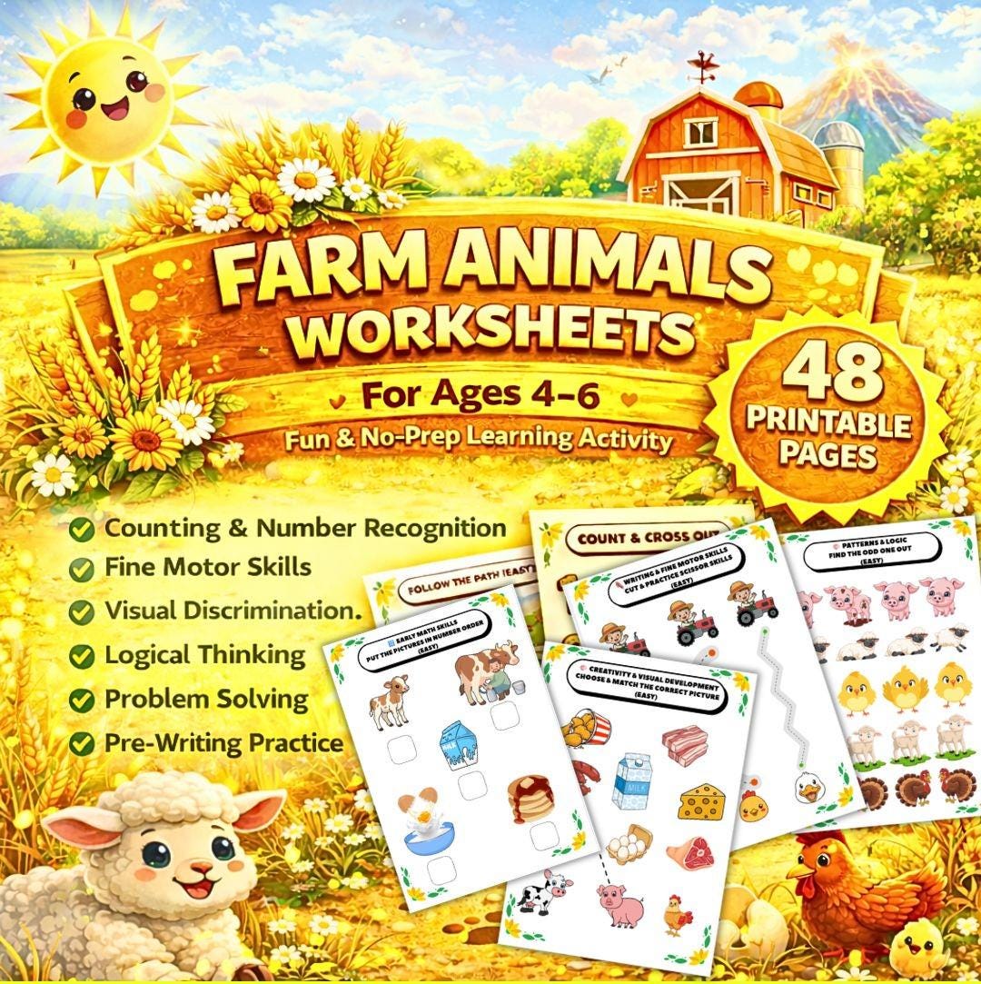Farm Animals Worksheets for Kids Ages 4-6 – Printable Math & Tracing ...