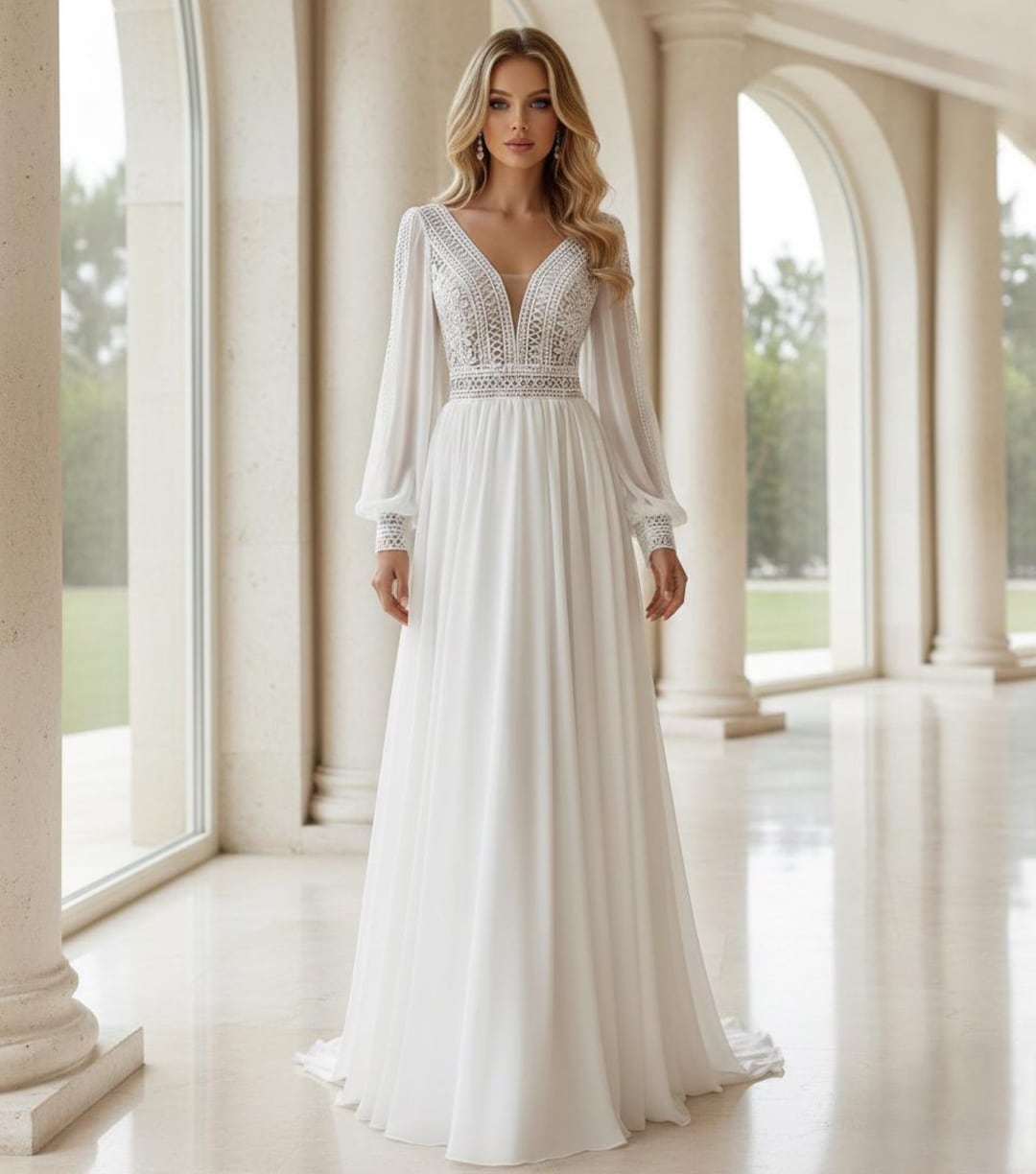 Boho Long Sleeve Chiffon Wedding Dress – Deep V Lace Bodice, Flowing A ...
